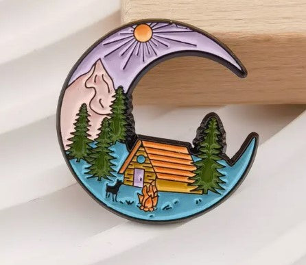 Crescent Moon camping themed Pin – Hot Springs Fiber Co.